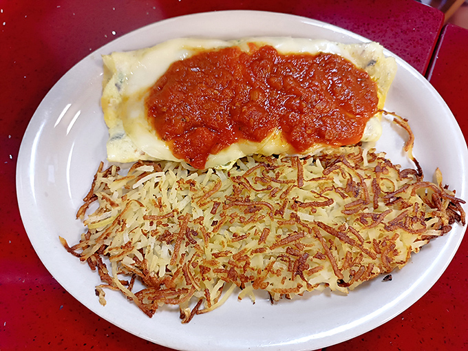 This Italian omelet with its blanket of marinara sauce is what happens when breakfast and dinner have a delicious love child.