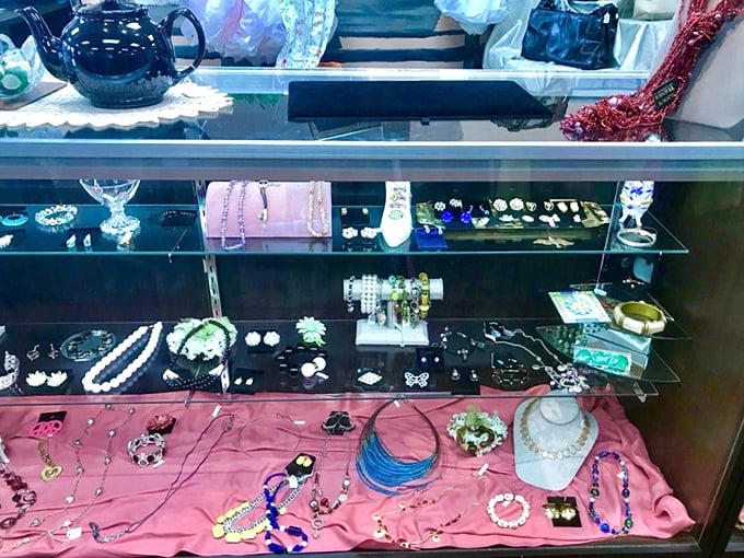 Jewelry cases sparkle with vintage and contemporary pieces—proof that someone else's "I'm over it" can become your "where did you find that?!"