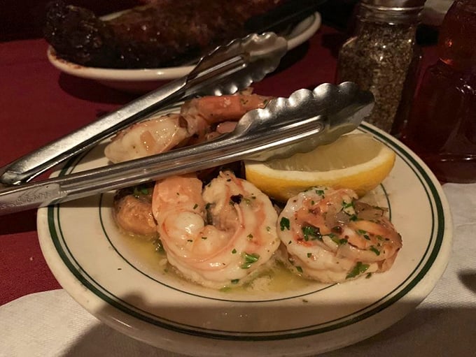 Jumbo shrimp scampi swimming in garlicky butter – because sometimes you need a brief intermission from beef to prepare for the next act of steak.