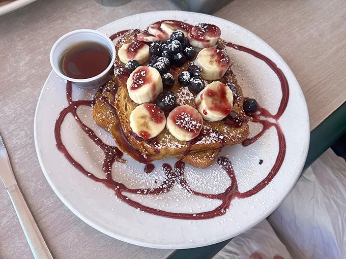 French toast that had a torrid affair with Key lime pie – topped with fresh fruit, this breakfast masterpiece is why elastic waistbands were invented.