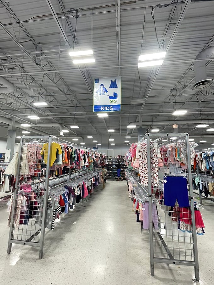 The kids' section – a rainbow road of tiny fashions where parents can outfit growing children without requiring a second mortgage.