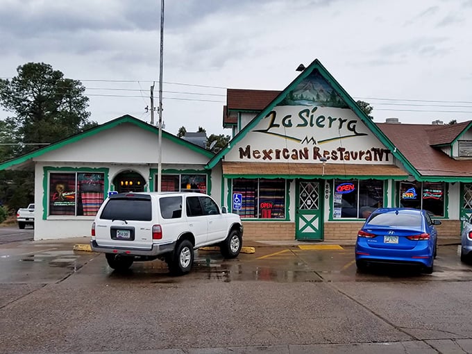 La Sierra's bright green trim promises Mexican food that doesn't apologize for its authenticity—the kind of place where chips and salsa disappear before you've ordered.