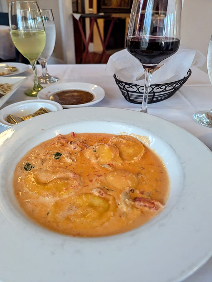 Lobster ravioli swimming in delicate sauce – it's like finding treasure at the bottom of a very delicious sea.