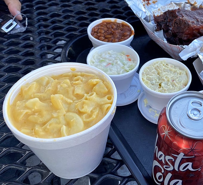 Mac and cheese so gloriously yellow and creamy it should have its own California zip code, flanked by beans and slaw for the full experience.