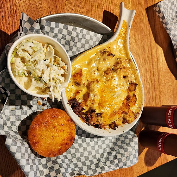 Mac and cheese so serious about its job it comes in its own skillet, wearing a golden-brown crust like a badge of honor.