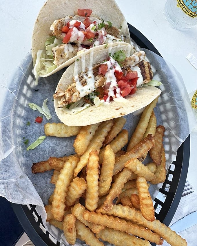 Fish tacos done right—fresh, vibrant, and served without fuss. The kind of meal that makes you consider extending your vacation indefinitely.