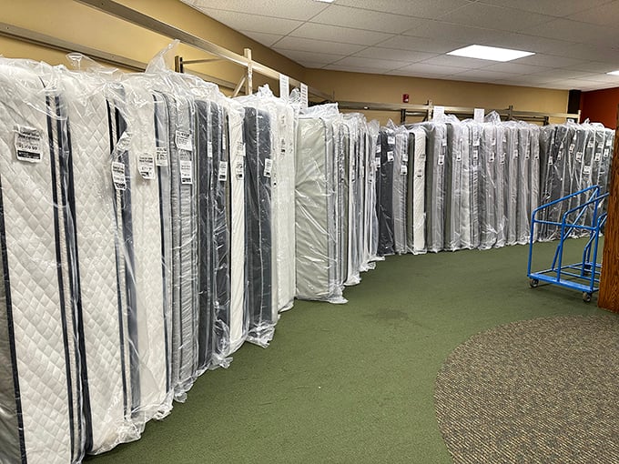 The mattress section stands at attention like soldiers ready for duty. Each wrapped and waiting to provide someone's back the support it deserves at a fraction of retail prices.