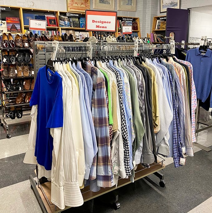 The "Designer Mens" section: where Brooks Brothers meets bargain hunting. These shirts have lived previous lives in corner offices and country clubs.