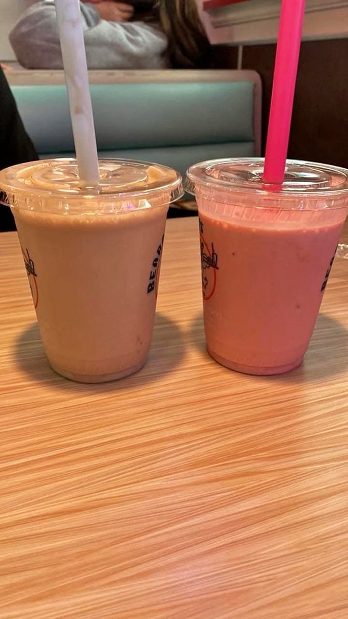 Thick, creamy milkshakes in classic flavors that require serious straw strength – the kind that make you feel like you're in an Archie comic.