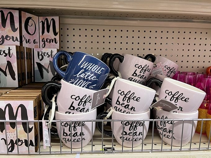 Coffee mugs declaring life truths like "coffee bean queen" – because everyone needs their morning affirmation with caffeine.