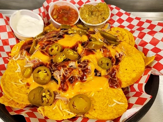 BBQ nachos that make a compelling argument for the marriage of Tex-Mex and barbecue. Every chip is fighting to be the most loaded.