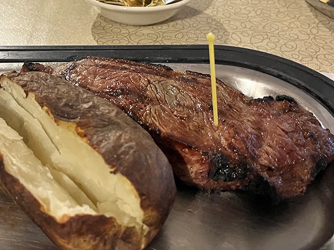 That New York Strip and loaded baked potato combo isn't just dinner—it's therapy with better side effects than anything your doctor prescribes.