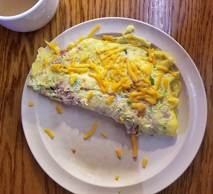 This isn't just an omelet—it's a cheese-crowned celebration of morning possibilities, folded with the precision of origami but the comfort of a warm hug.