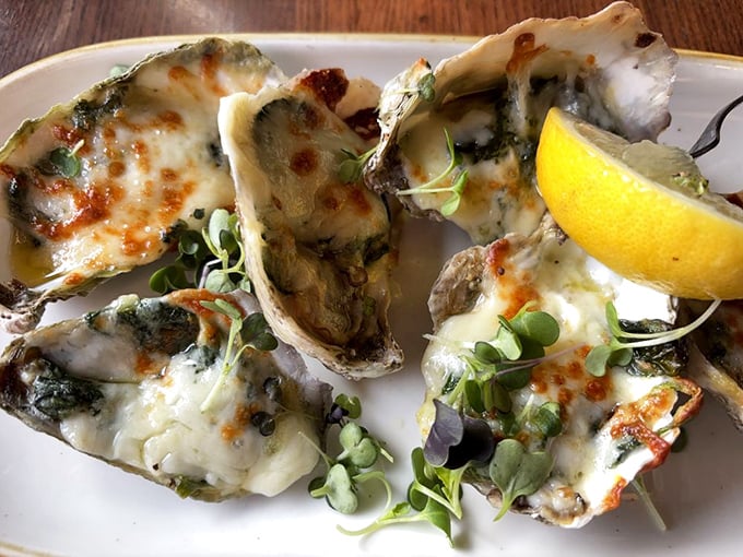 These baked oysters aren't just seafood; they're little boats of joy sailing across your palate with melted cheese and fresh herbs as their willing crew. 