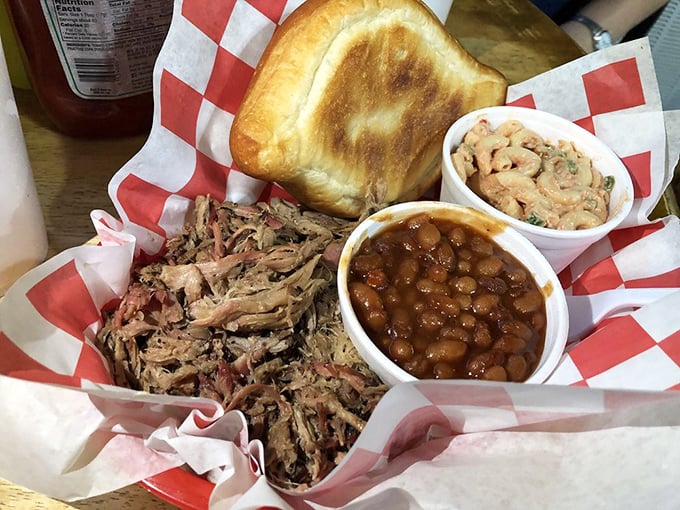 Pulled pork that's been introduced to smoke and time, served with baked beans that have clearly been taking flavor lessons from the meat.