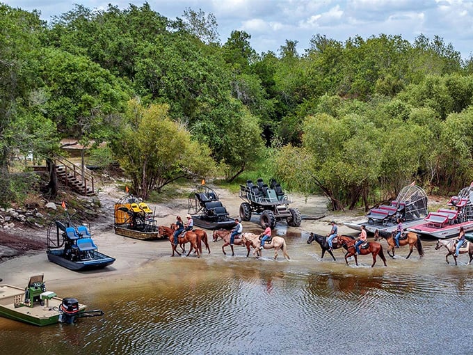 Horseback riders ford the Peace River, creating a scene straight out of an old Western—if cowboys had access to airboats and ATVs.