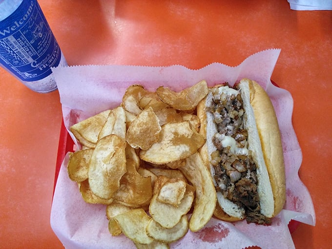 The Philly sandwich with house-made chips – proof that sometimes the best things in life come on wax paper in a red basket.