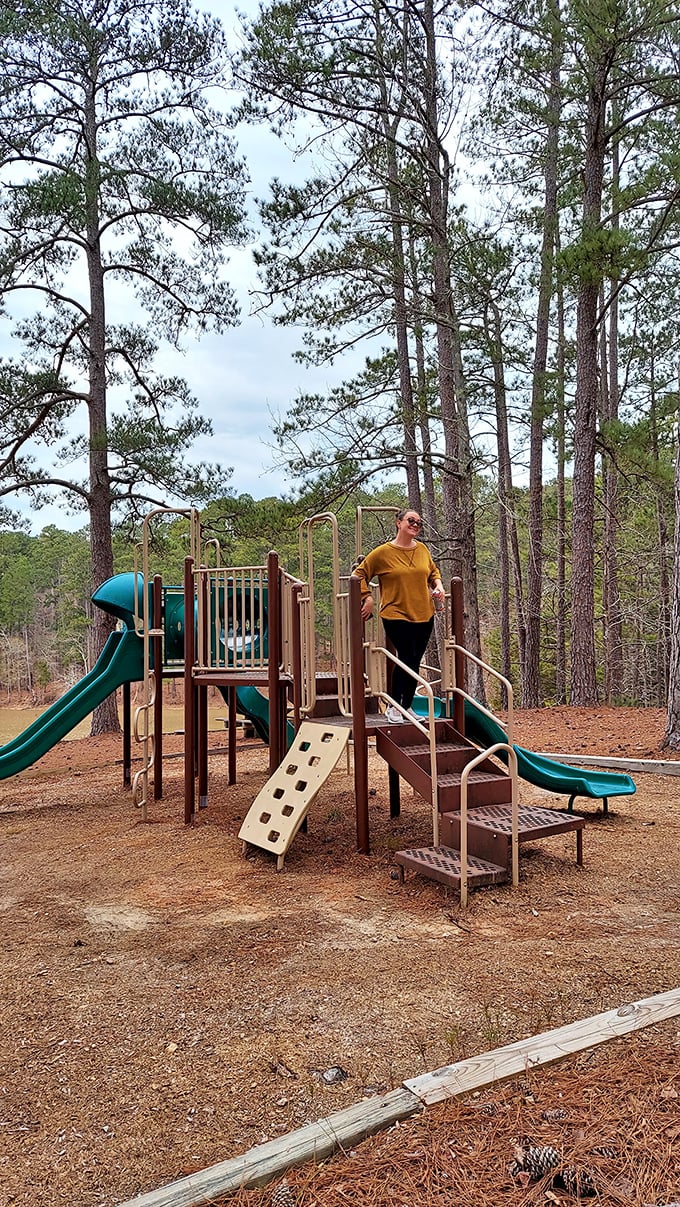 The playground stands ready for tiny adventurers who think slides are basically controlled falling.
