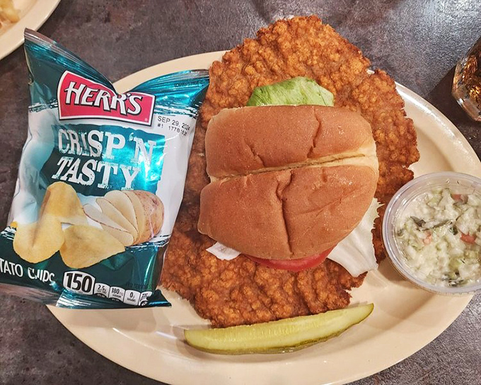 This isn't just a pork tenderloin sandwich—it's edible architecture with crispy overhangs that deserve their own area code.