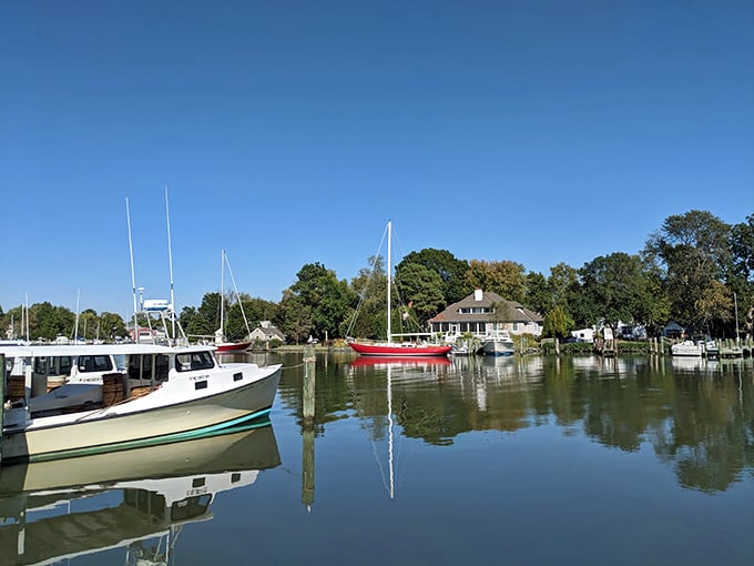 A postcard-perfect harbor scene where boats rest between adventures, their reflections so clear you'd think Mother Nature was showing off her Photoshop skills.