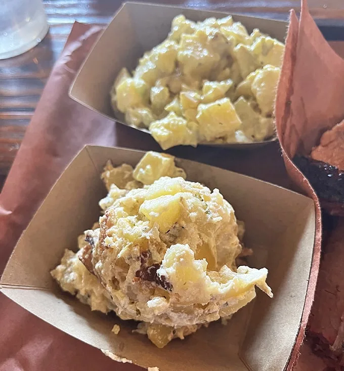 Potato salad and something creamy—comfort food conspirators plotting to make you forget your diet resolutions with every heavenly bite.
