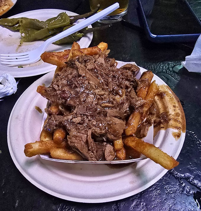 Behold the ultimate comfort food alchemy—golden fries transformed by slow-roasted beef and savory gravy into something that makes you question all other food choices.