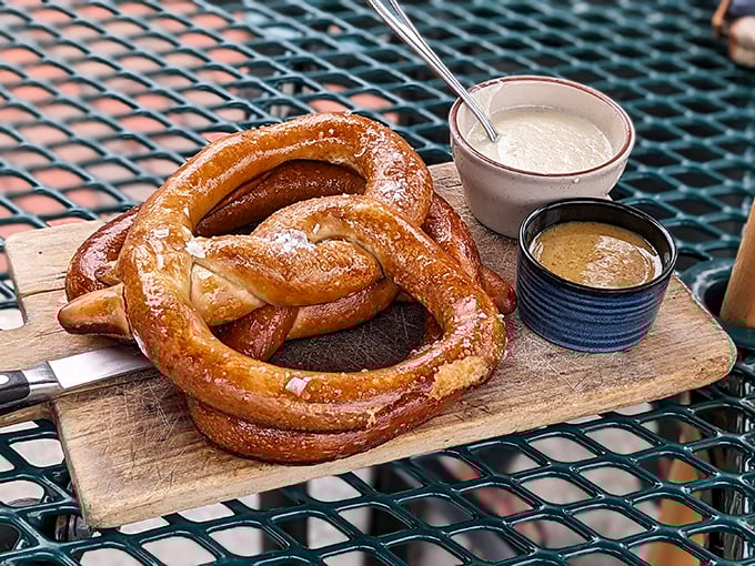 These golden pretzels arrive like edible sculptures, complete with mustard and cheese sauce that'll ruin you for ballpark versions.