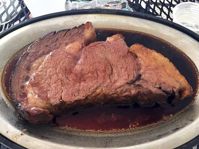 Prime rib so tender it practically surrenders to your fork, swimming in au jus that deserves its own area code.