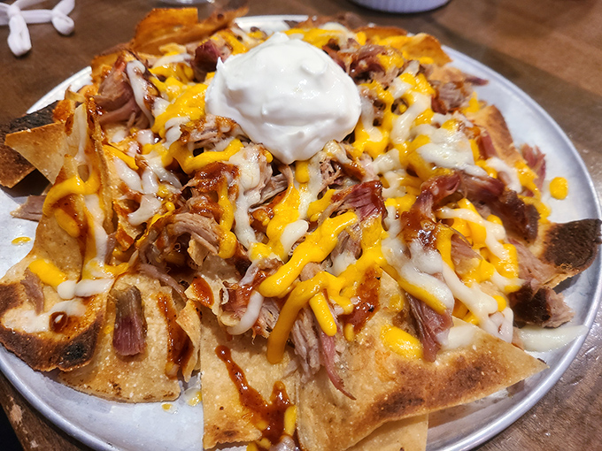 Pulled pork nachos: where barbecue and Tex-Mex have a beautiful love child. The cheese pulls for days like it's auditioning for a food commercial.