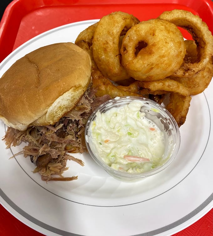 The pulled pork sandwich with onion rings and coleslaw—proof that happiness can indeed be served on a white plate.