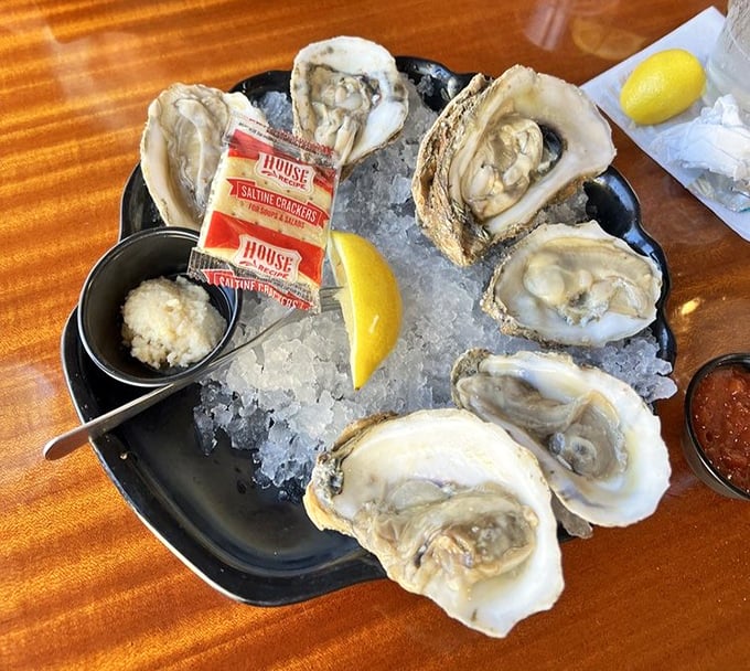 These oysters aren't just served; they're presented on a throne of ice. Nature's perfect appetizer – briny, fresh, and requiring nothing more than a squeeze of lemon.