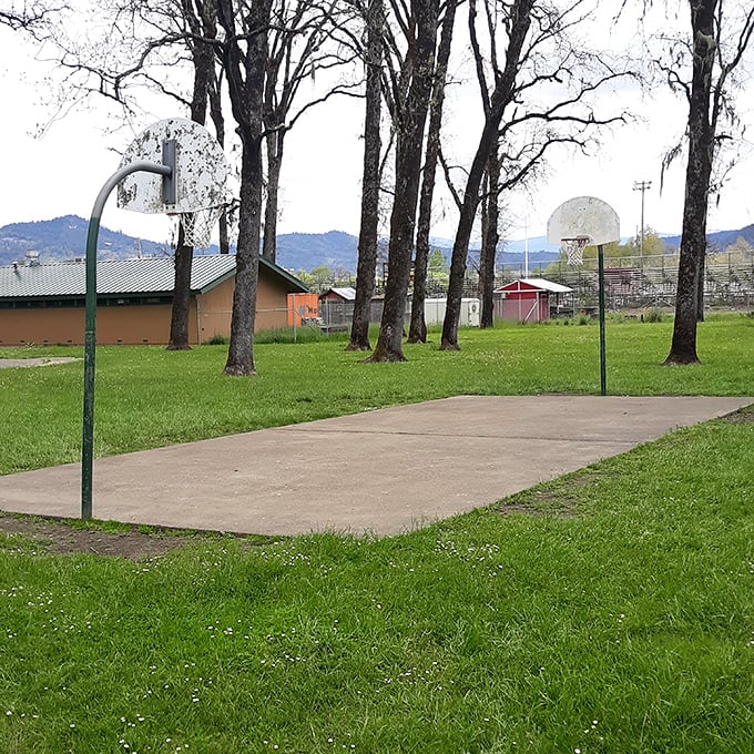 The local basketball court sits ready for pickup games, where "senior league" players prove age is just a number—usually followed by "ice pack."