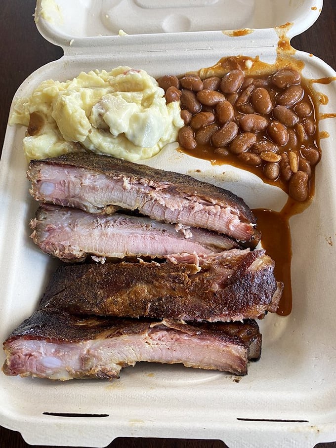 These ribs with potato salad and beans aren't just a meal—they're edible evidence that patience and smoke create miracles worthy of religious devotion.