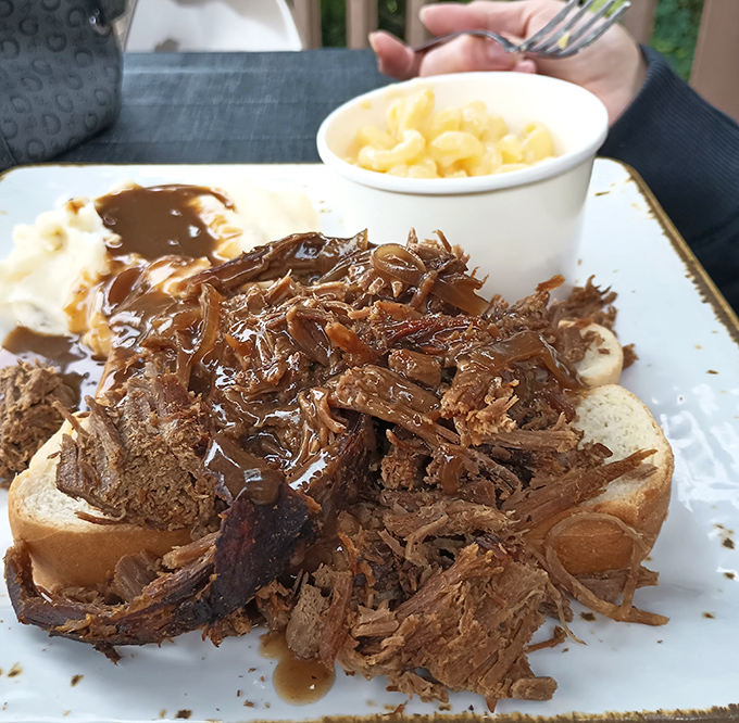 This open-faced hot roast beef sandwich isn't just dinner—it's edible therapy after a long day on the trail. Mac and cheese as a side? Genius.