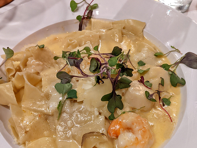 Seafood pappardelle that would make an Italian grandmother weep with joy – tender pasta swimming in a sauce that's been perfected over countless batches.