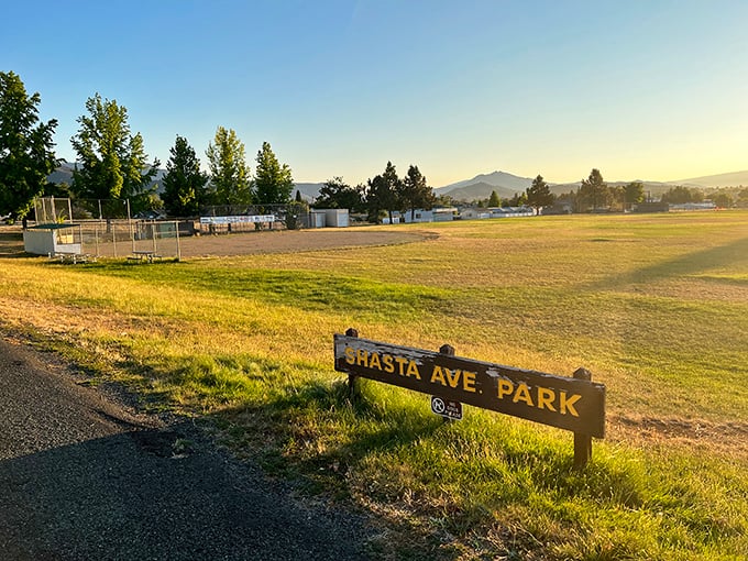 Shasta Ave Park's wooden sign and open fields promise the kind of simple recreation that doesn't require a subscription or software update.