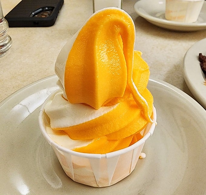 Orange sherbet served with the kind of presentation that would make Instagram influencers weep – simple, vibrant, and utterly refreshing.