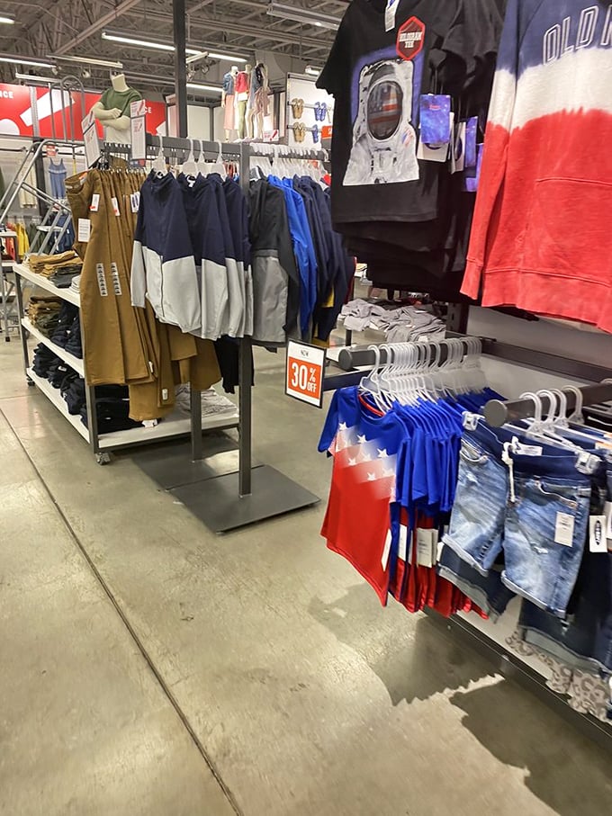 Old Navy's menswear section – where patriotic colors and 30% off tags create the most American shopping experience possible.