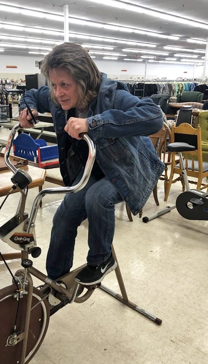Exercise equipment testing: the true thrill ride of thrift shopping. "Does it still work?" becomes life's most pressing question.