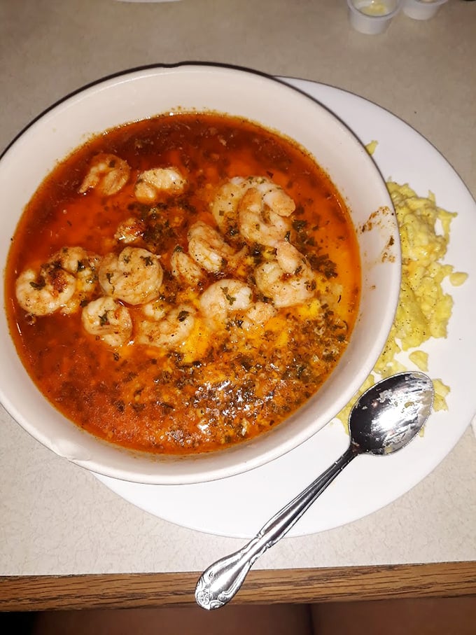 This isn't just shrimp and grits—it's a spicy, soulful Southern symphony in a bowl, with plump shrimp playing the starring role.