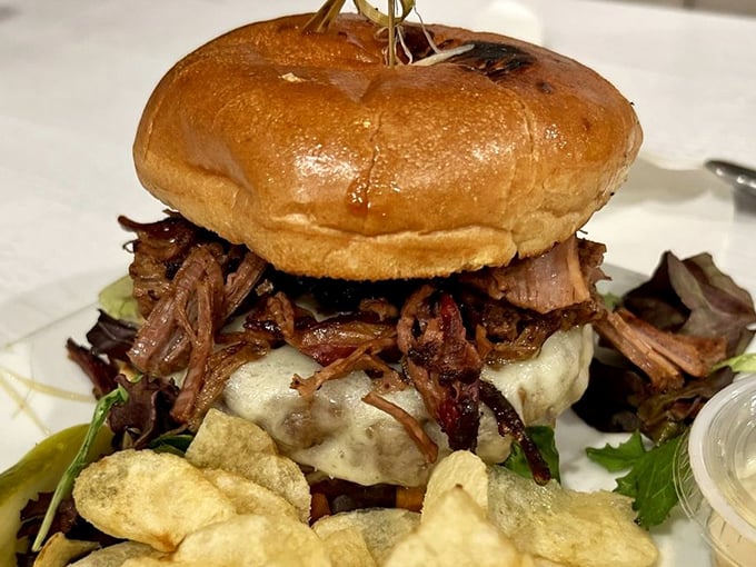 Not your average burger joint creation—this brisket masterpiece stands tall like the food equivalent of a Pennsylvania barn raising.
