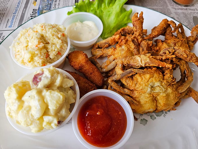 A seafood platter that hits all the right notes: golden-fried delights, creamy sides, and enough variety to make decision-making deliciously difficult.