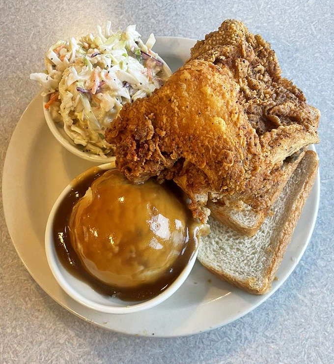 Golden-fried chicken that crackles with each bite, paired with creamy mashed potatoes and tangy coleslaw—a holy trinity of comfort.