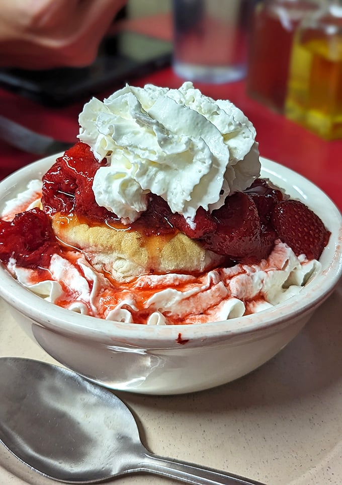 This isn't just dessert, it's edible nostalgia – strawberry shortcake crowned with whipped cream that doesn't come from a can, served in a bowl that's seen decades of smiles.