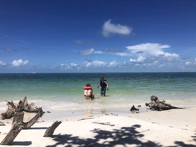 Childhood wonder meets Gulf waters – a reminder that sometimes the simplest pleasures like splashing in clear shallows create the most lasting memories.