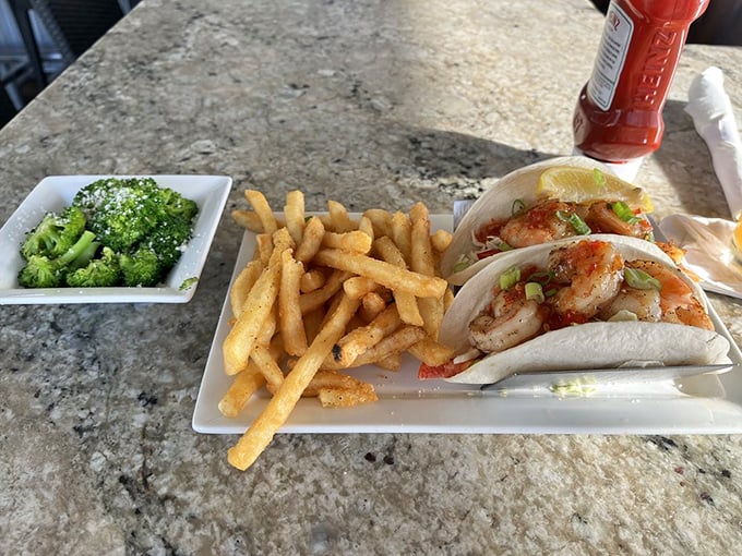 These tacos aren't just a meal—they're a vacation for your taste buds, complete with a side of perfectly golden fries.