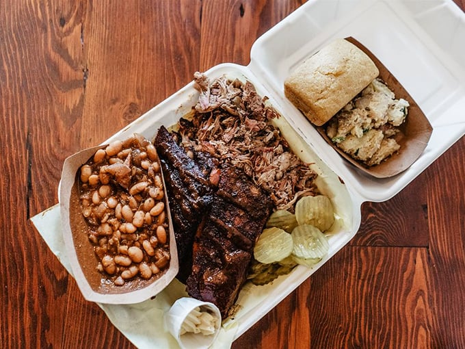 A barbecue plate that would make a Texan nod in approval—smoky ribs, pulled pork, and beans that didn't come from any can.