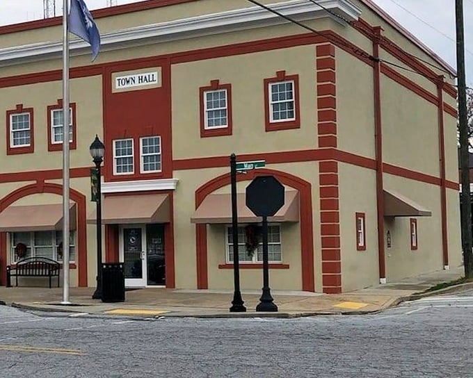 The Town Hall's distinctive red and cream color scheme makes government business look almost appetizing – almost.