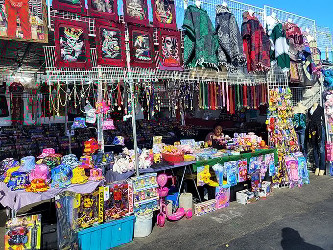 A kaleidoscope of merchandise where Mexican wrestling masks neighbor children's toys—proof that shopping here is never a one-act show.