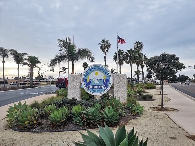 Triangle Park greets visitors with palms and a welcoming sign, reminding everyone they’ve arrived in laid-back Imperial Beach, California.